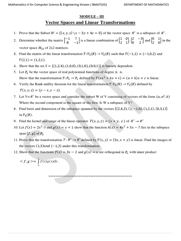 Module III - Vector Space and Linear Transformations QB | PDF
