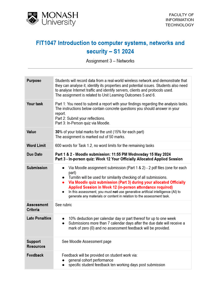 "FIT1047 Assignment 3: Network Analysis" | PDF | Computer Network | Ip Address