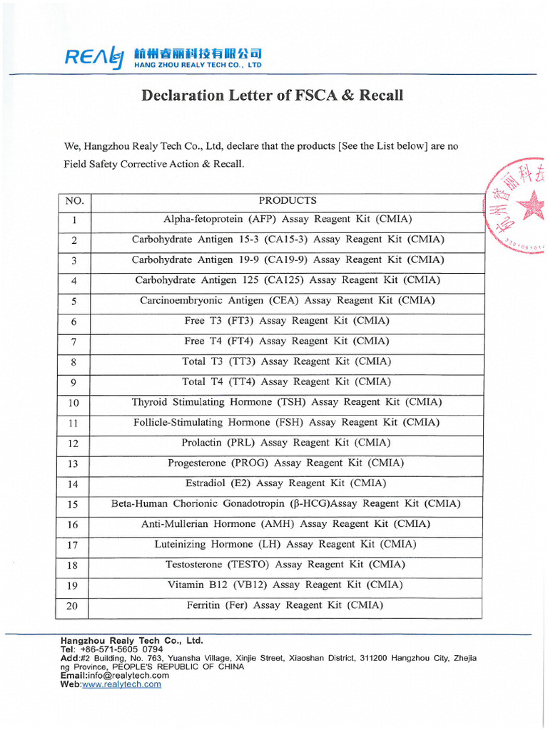 Declaration Letter of FSCA & Recall | PDF