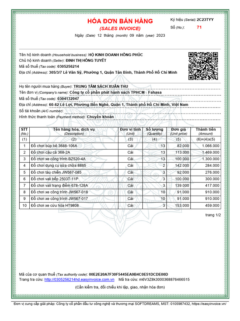 Hoadon 0305256214 2c23tyy 71 | PDF