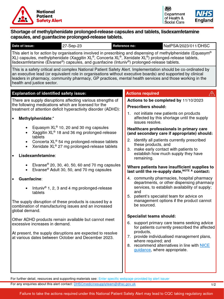 Shortage of Methylphenidate Prolonged Release Capsules and Tablets ...