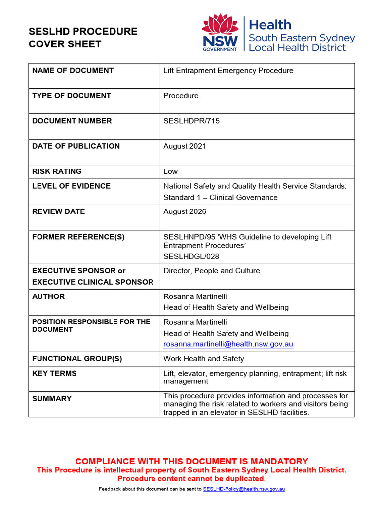 SESLHDPR715 - Lift Entrapment Emergency Procedures | PDF | Elevator ...