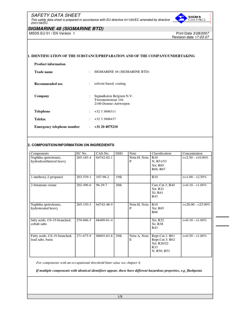 Sigmarine 48 Safety Data Sheet | PDF | Toxicity | Carbon Dioxide