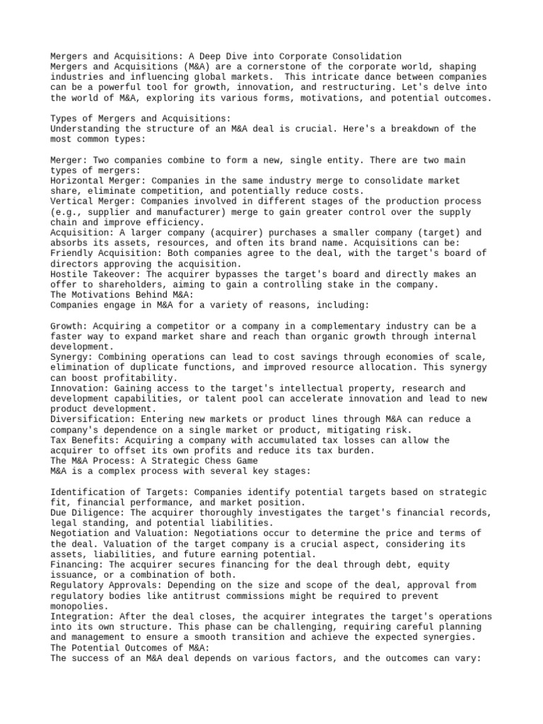 Mergers and Acquisitions A Deep Div | PDF | Mergers And Acquisitions ...
