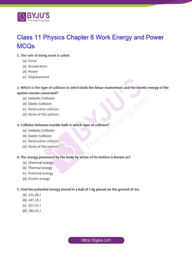 Chapter 6 Work Energy and Power MCQs | PDF
