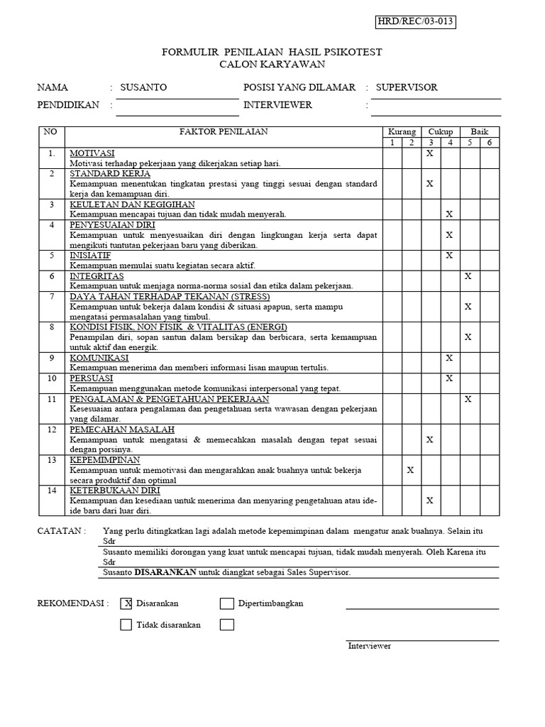 Penilaian Psikotest Calon Supervisor | PDF | Pengembangan Diri