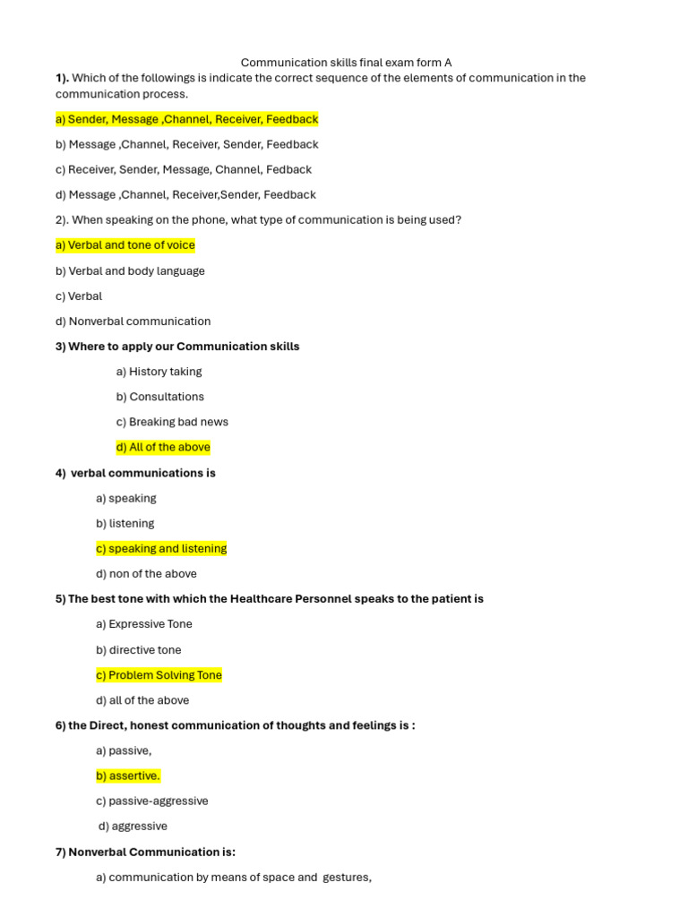 Final Exam Answers Communication Skills | PDF | Communication ...