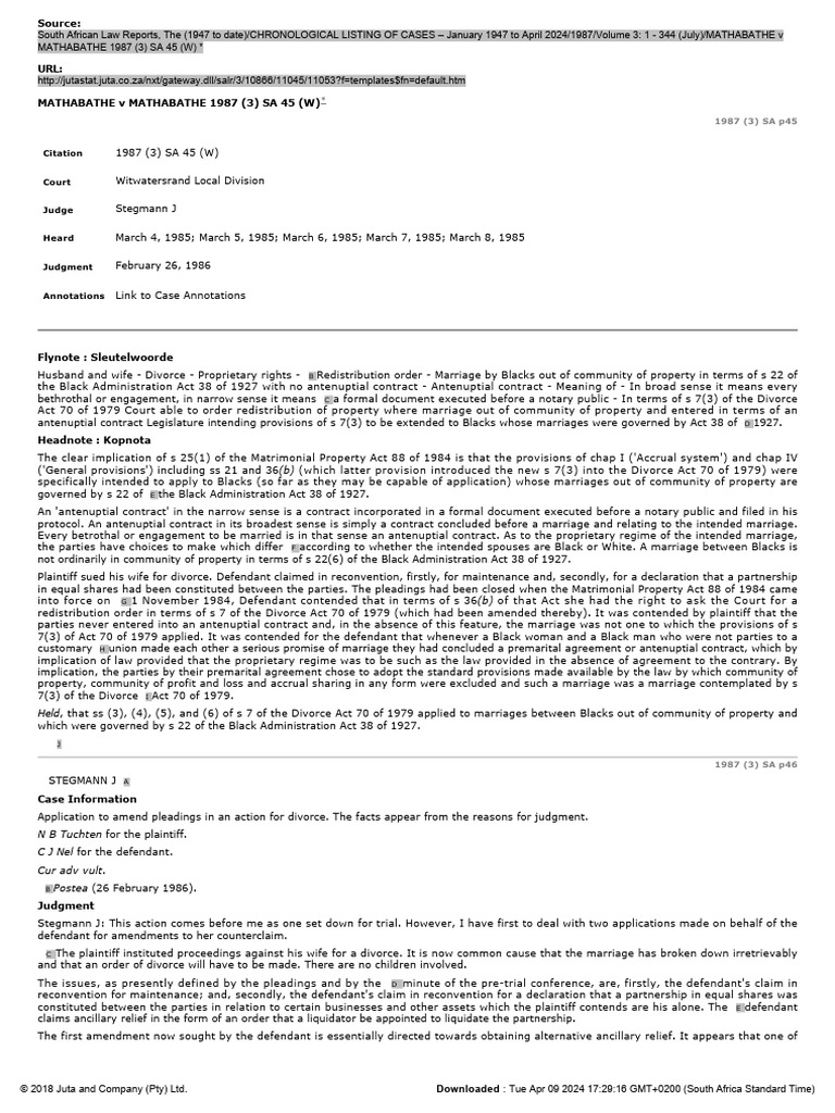 MATHABATHE V MATHABATHE 1987 (3) SA 45 (W) | PDF | Marriage | Divorce