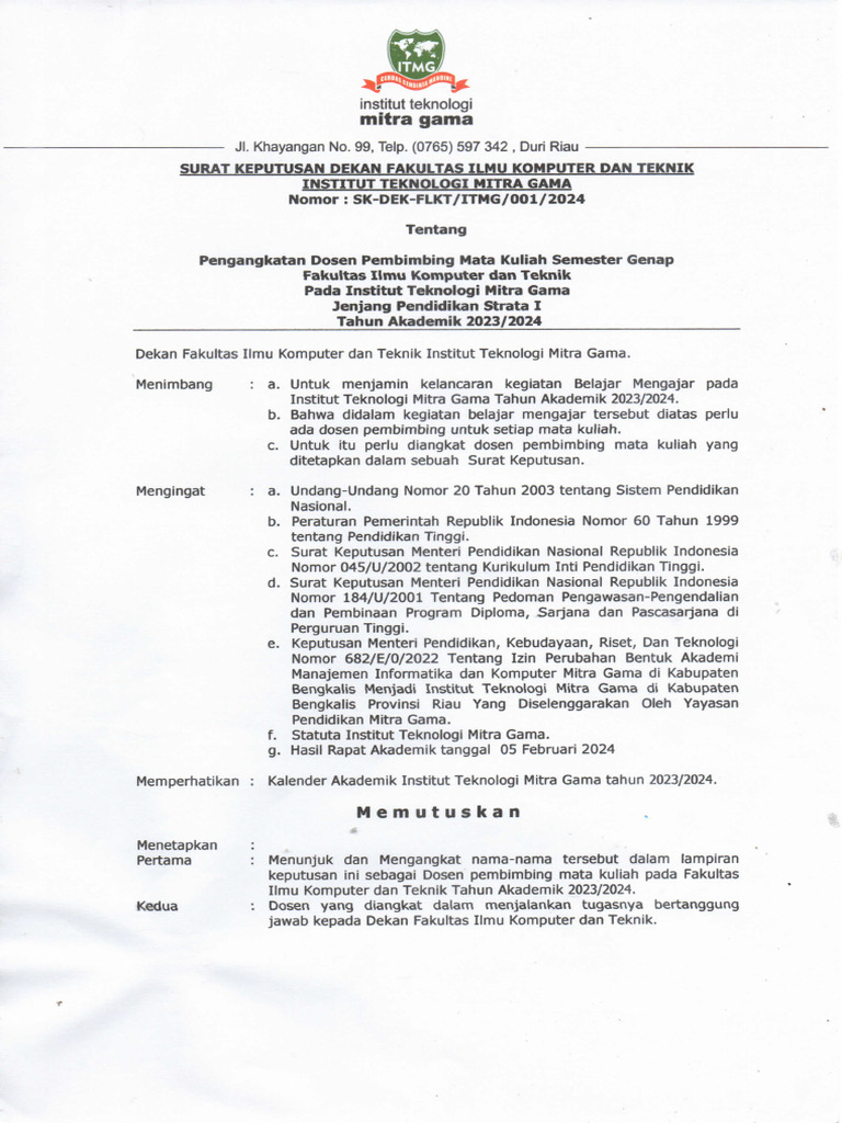 SK Filkomtek-Mengajar Genap 2023-2024 | PDF