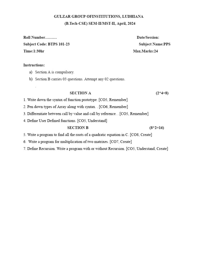 Pps MST - 2 Btech 2nd Sem With Blooms Taxonomy | PDF | Teaching Methods & Materials | Technology ...