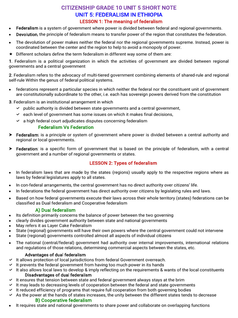 Citizenship Grade 10 Unit 5 Short Note | PDF | Federalism | State (Polity)