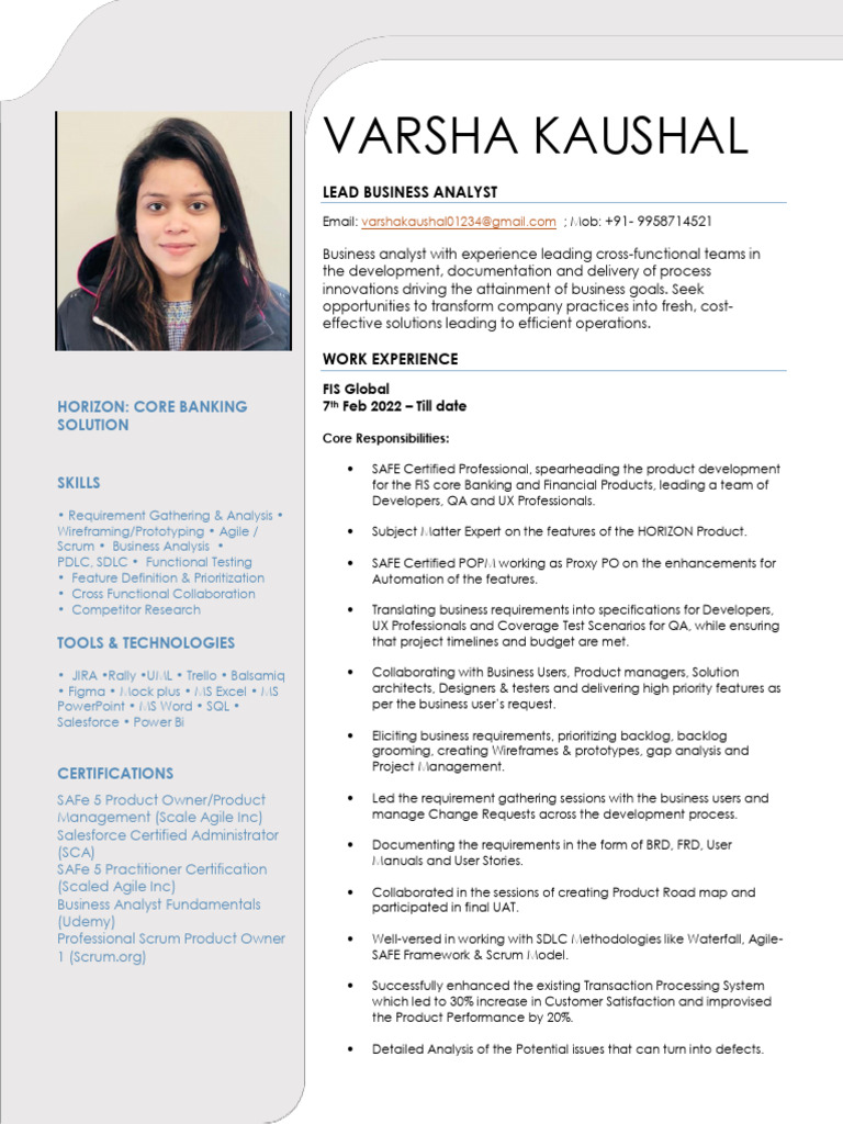 Varsha Kaushal CV 2pager 20 - 09 - 2022 | PDF | Scrum (Software Development) | Agile Software ...