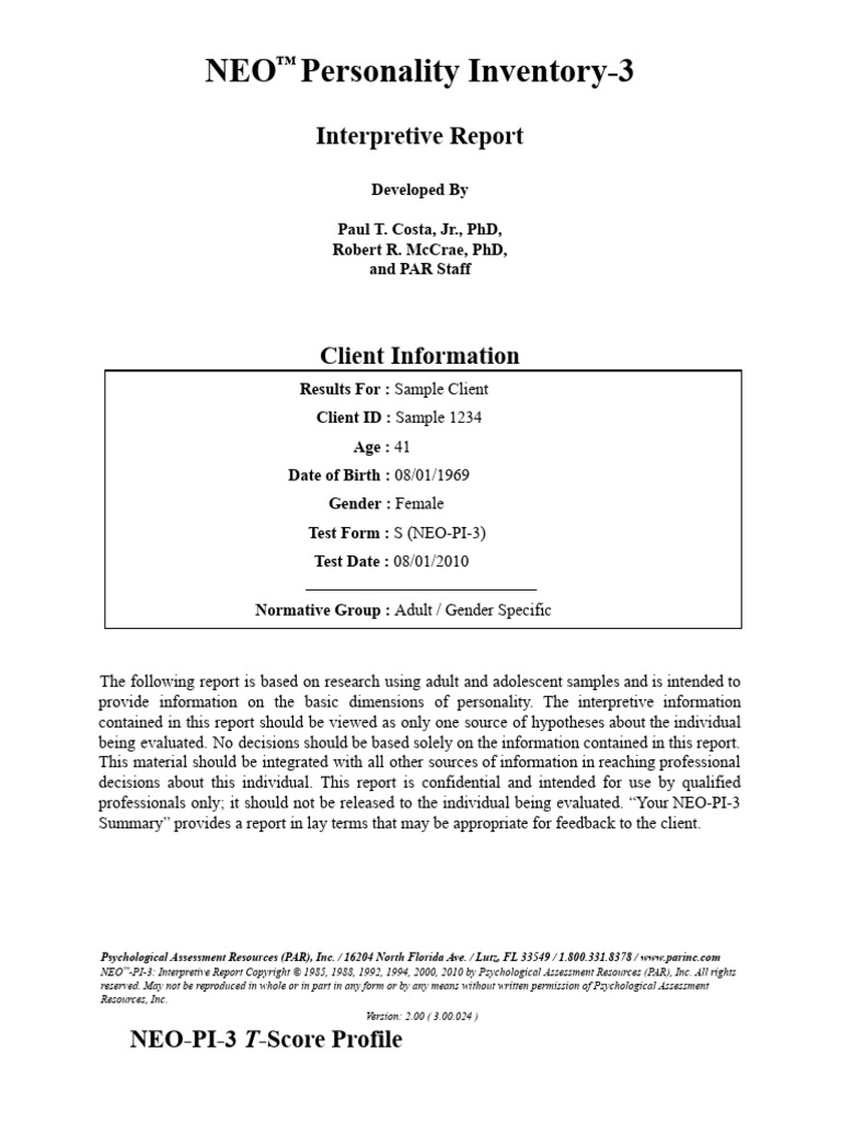 NEO PI-3 Interp RPT Sample Report | PDF | Mental Disorder | Personality Disorder