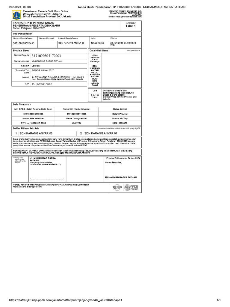 Tanda Bukti Pendaftaran - 3171020305170003 - Muhammad Rafka Fathan | PDF