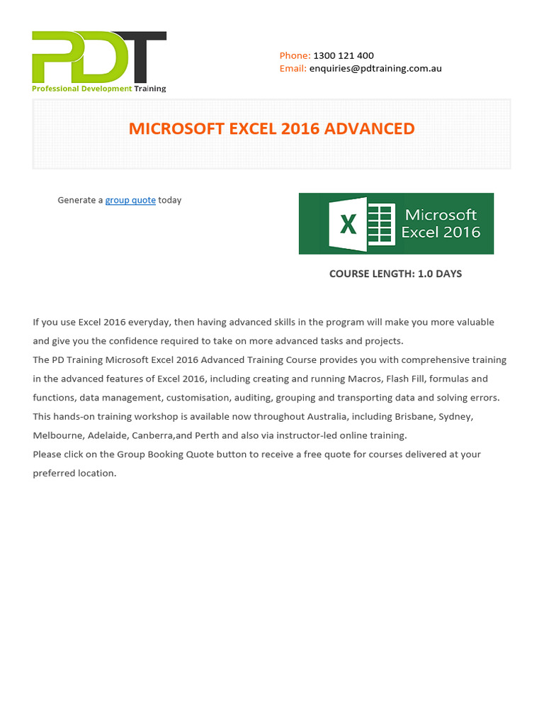 Excel 2016 Advanced Training Course Brisbane Sydney Melbourne Canberra Adelaide Perth Parramatta ...