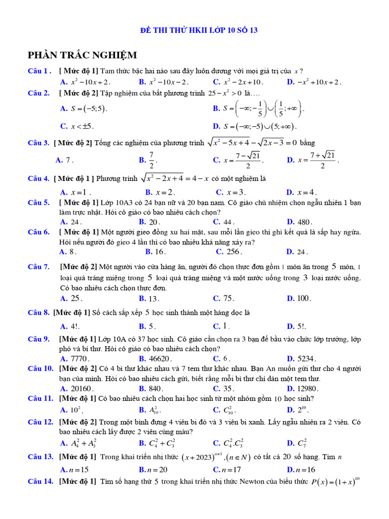 ĐỀ THI THỬ HKII LỚP 10 SỐ 13 | PDF