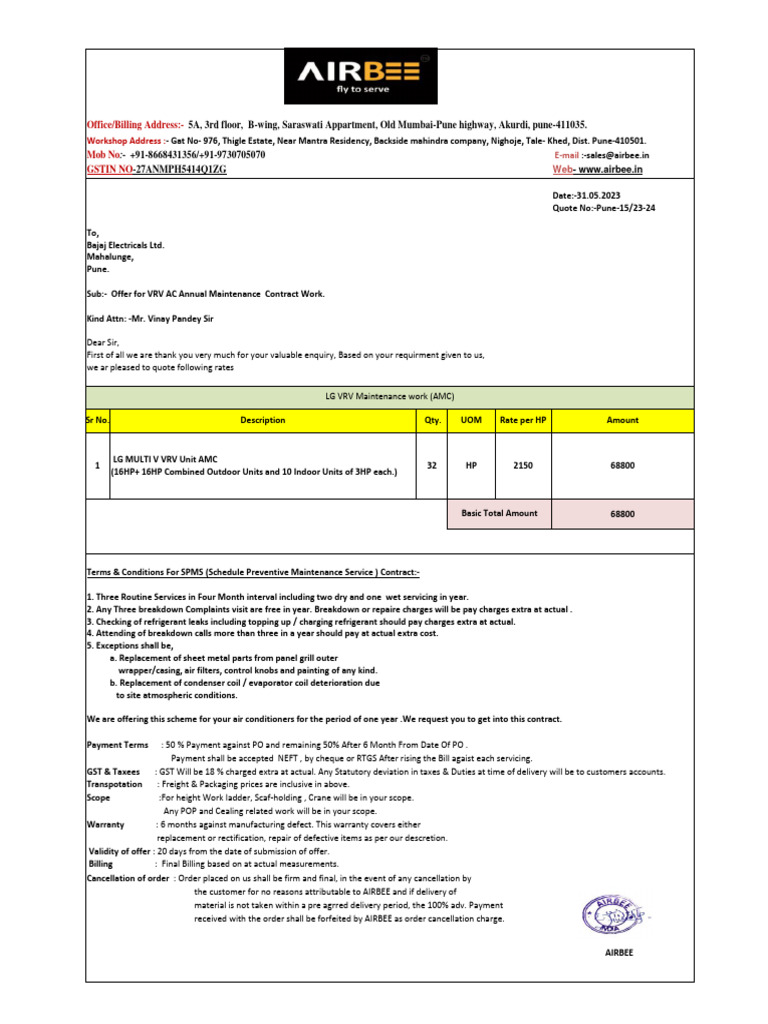 AIRBEE Offer LG VRV AC AMC Work | PDF