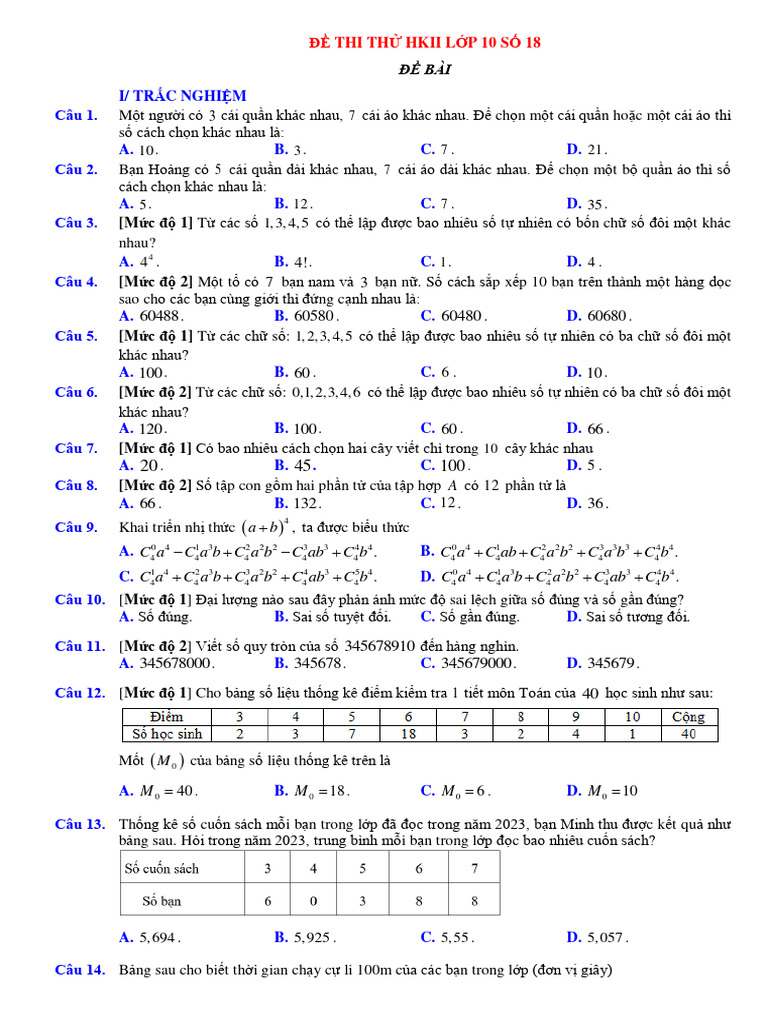 ĐỀ THI THỬ HKII LỚP 10 SỐ 18 | PDF