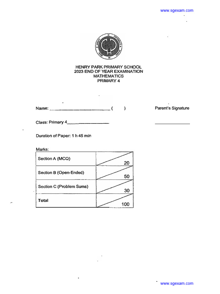 2023 P4 Maths End of Year Exam Henry Park | PDF | Student Assessment And Evaluation ...
