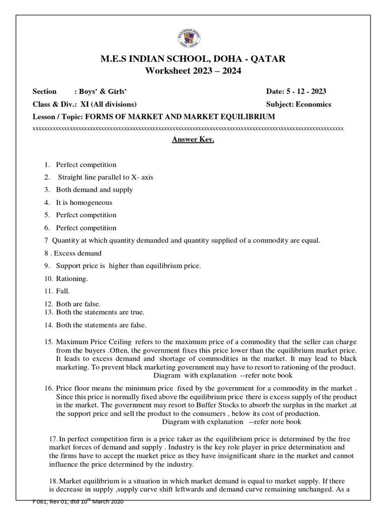 Worksheet .Answer Key ..Forms of Market and Market Equilibrium | PDF ...
