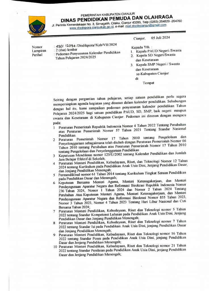 Kaldik Disdikpora Kab. Cianjur TP 2024 - 2025 | PDF