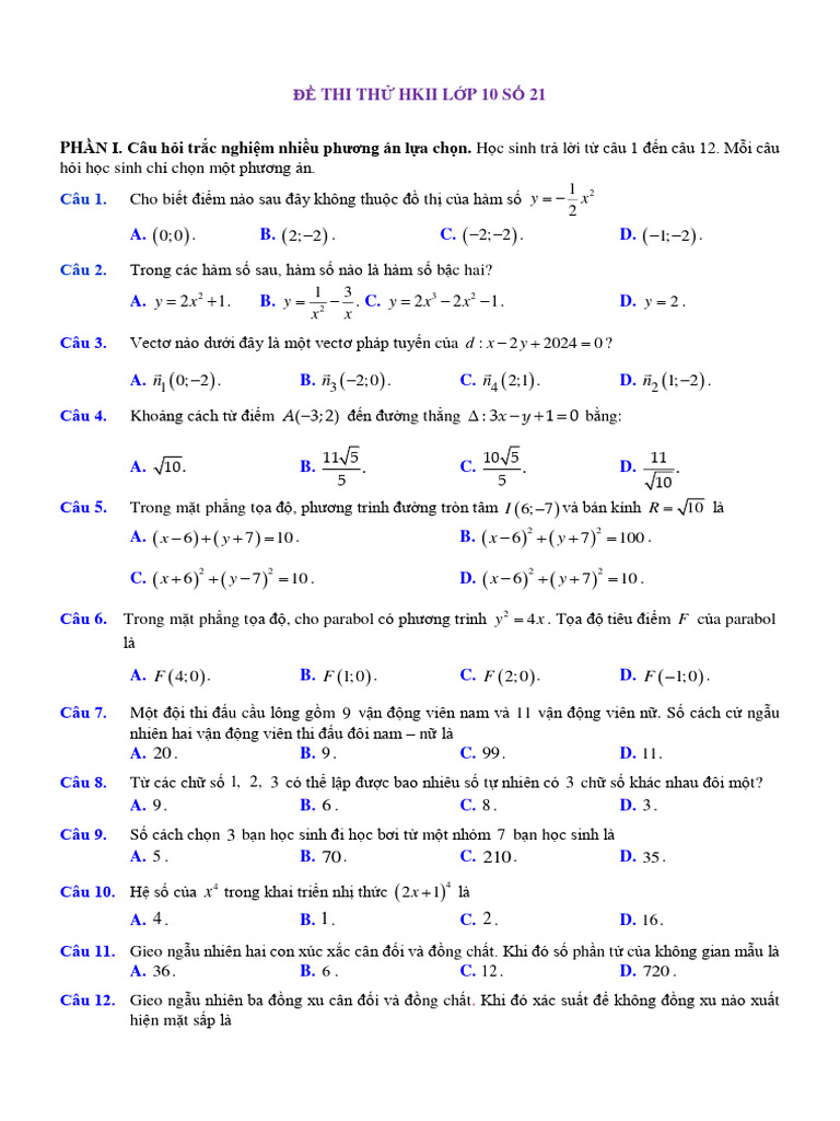 ĐỀ THI THỬ HKII LỚP 10 SỐ 21 | PDF
