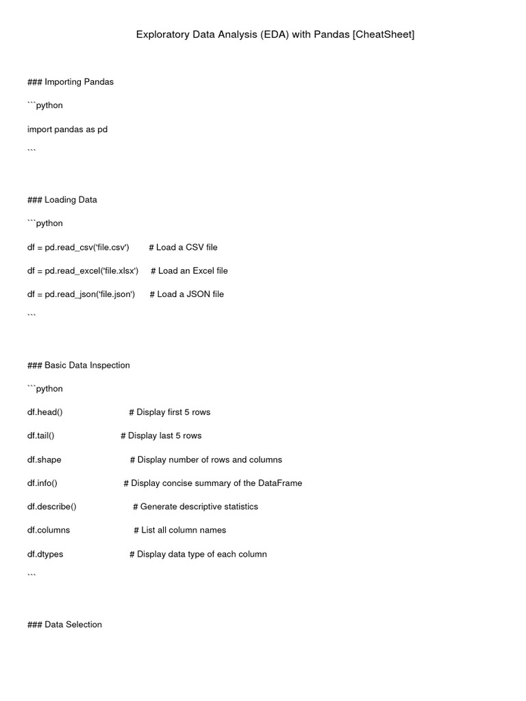 EDA With Pandas CheatSheet | PDF | Statistical Analysis | Teaching Mathematics
