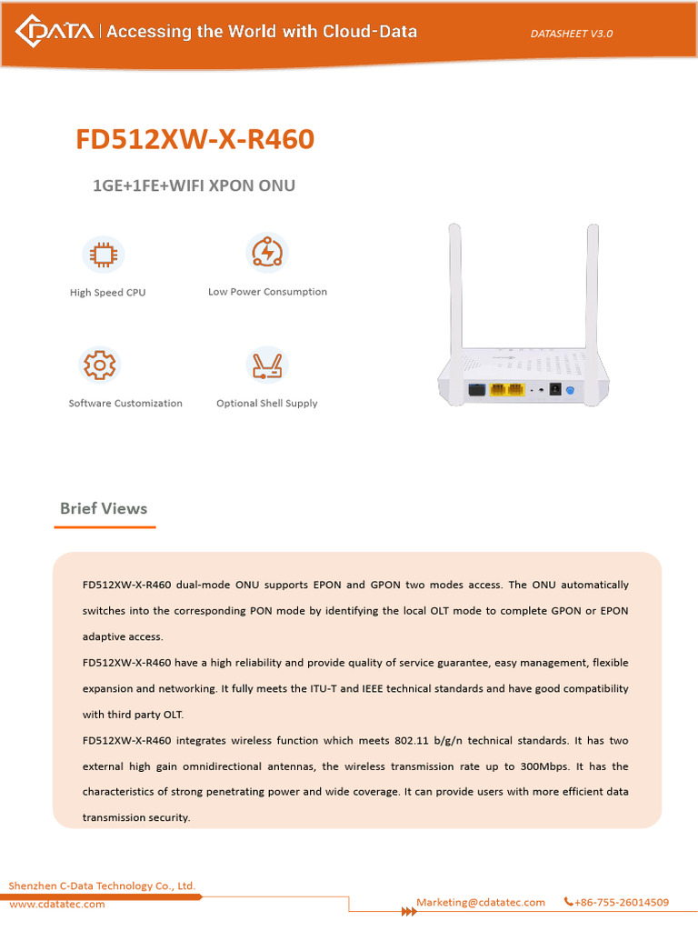 CDATA-XPON ONU - FD512XW-X-R460 (1GE+1FE+WIFI) Datasheet-V3.0 | PDF | Computing | Computer Standards