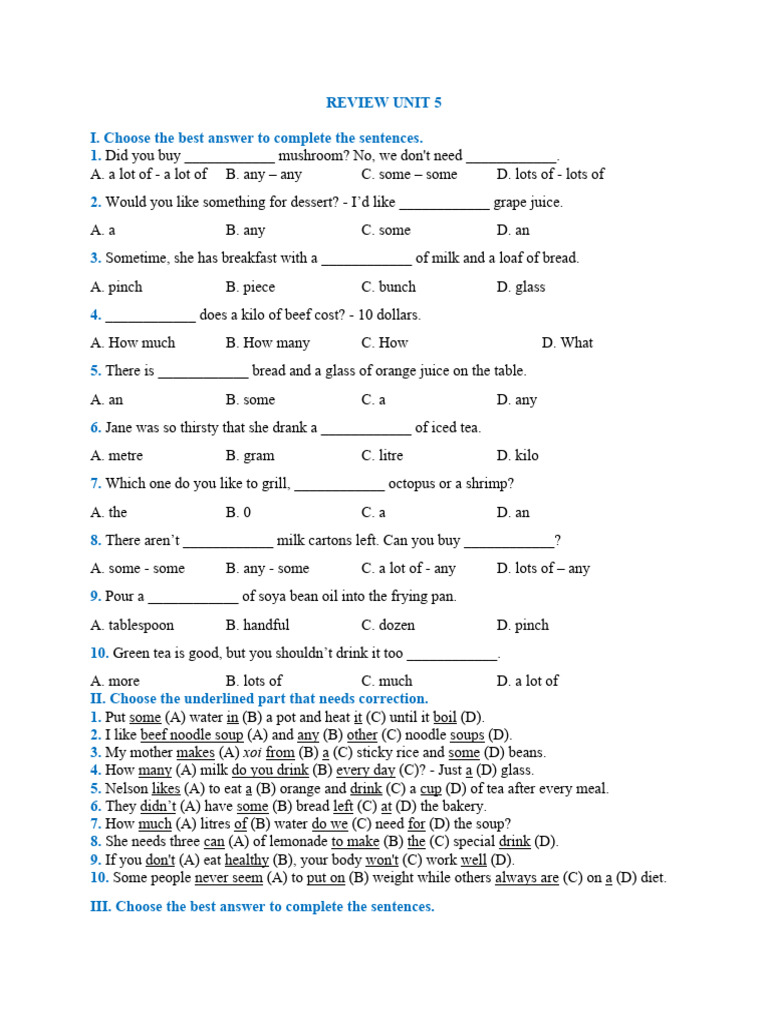 REVIEW UNIT 5 | PDF | Meal | Drink