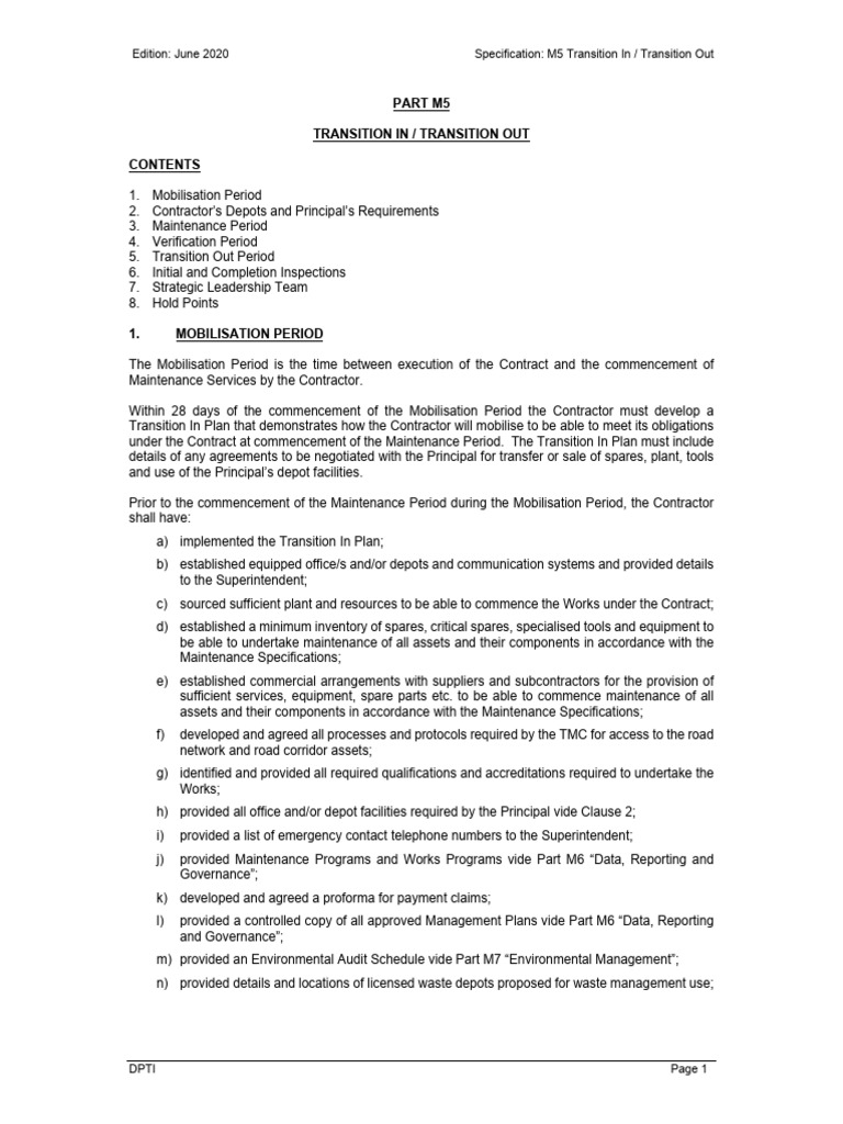 Specification M5 Transition in Transition Out | PDF | General ...