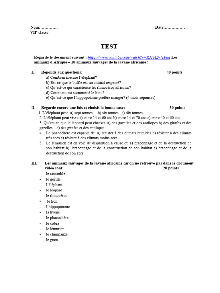 Test Les Animaux Dafrique Comprehension de Loral A2 | PDF | Lion | Léopard
