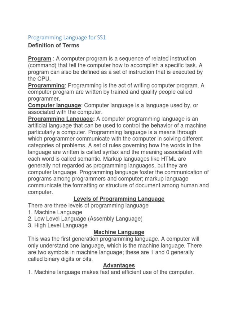 Programming Language Ss1 (Computer Studies) | PDF | Assembly Language | Programming Language