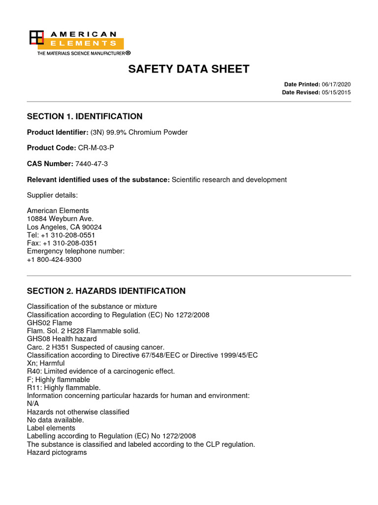 Chromium Powder Safety Data Sheet | PDF | Dangerous Goods | Toxicity