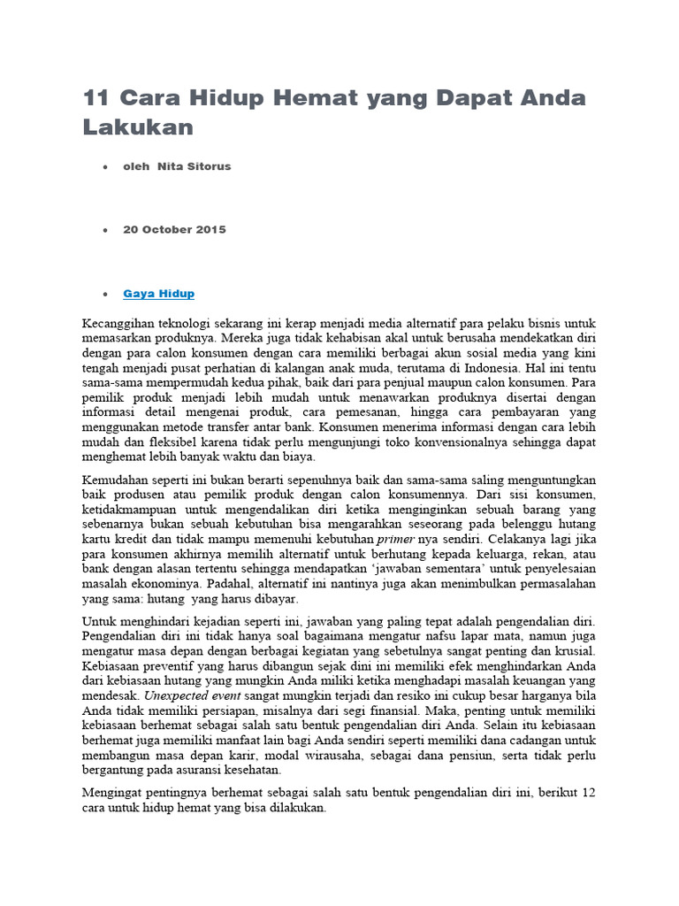 11 Cara Hidup Hemat Yang Dapat Anda Lakukan | PDF | Gaya Hidup
