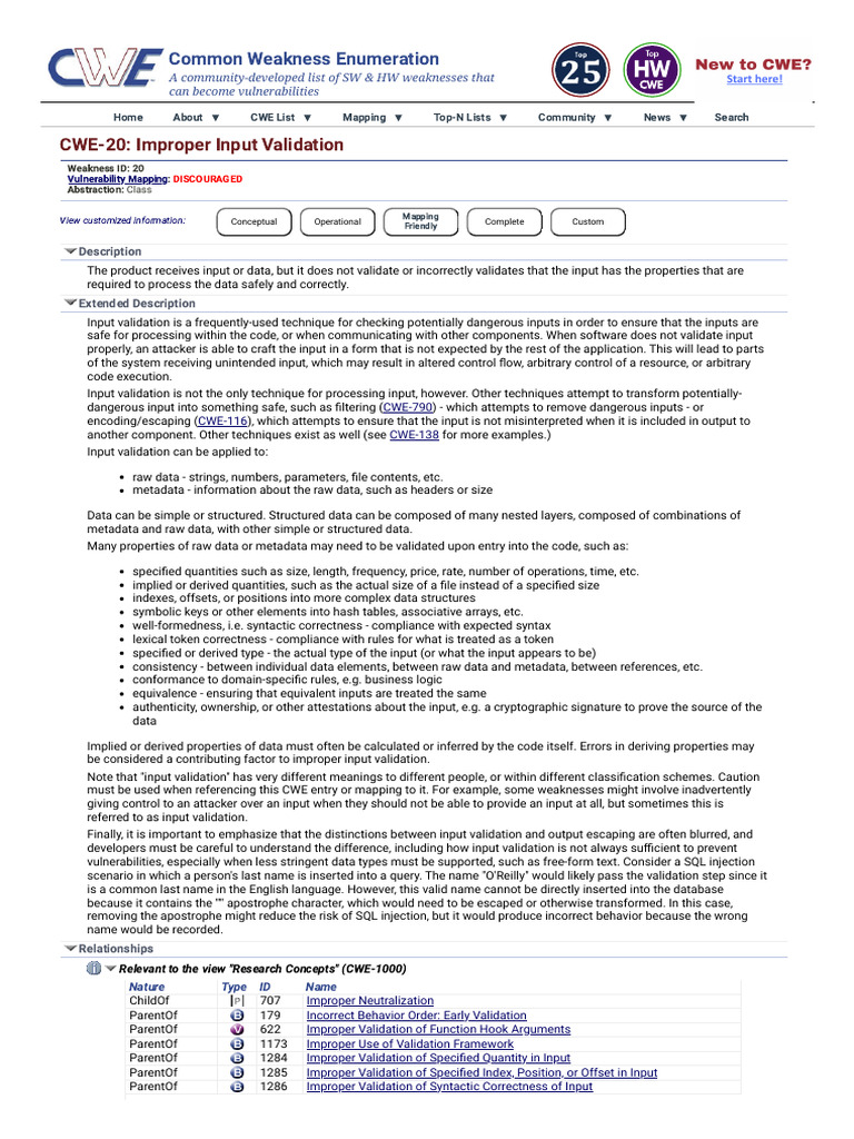 Cwe Cwe 20 Improper Input Validation 414 Pdf Computing Computer Programming