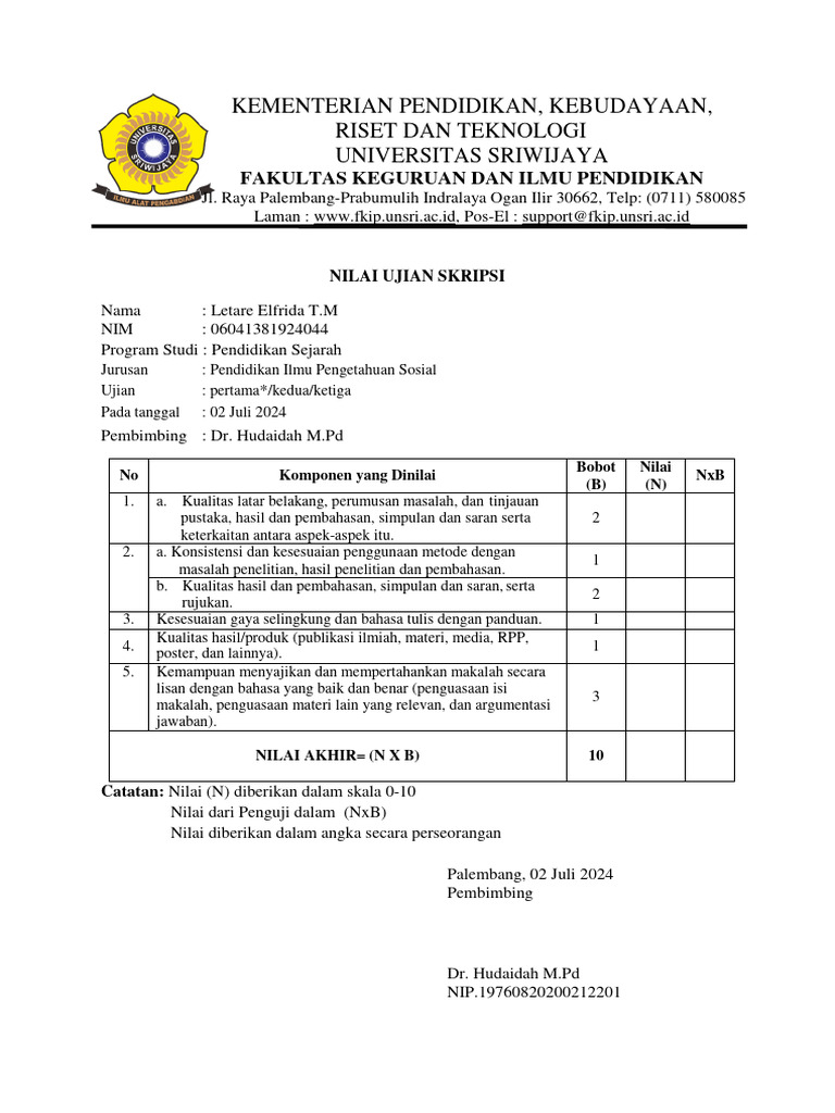 Lembar Penilaian Skripsi - Letare Elfrida T.M | PDF