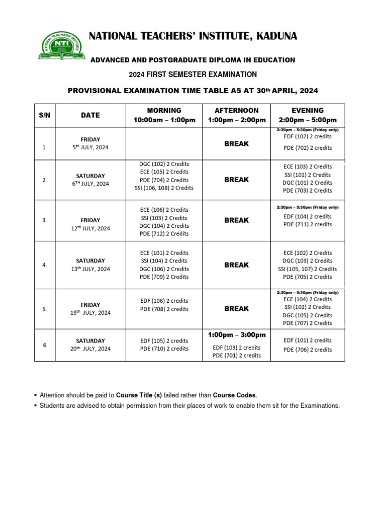 2023 - 2024 - 1st - Sem - PGDE - Exam - Time-Table | PDF | Educational Stages