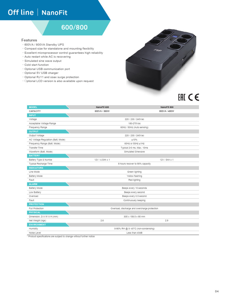 EU+NanoFit Series Spec | PDF | Battery Charger | Electrical Components