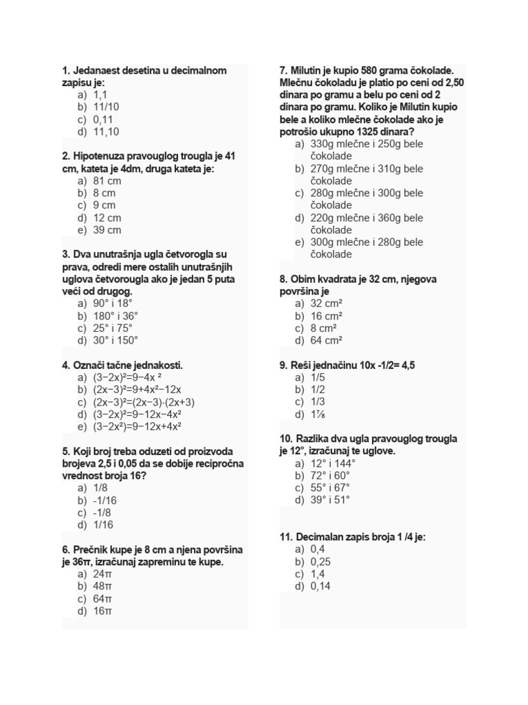 Matematika Provera Za Zavrsni Ispit 8. Razred III | PDF