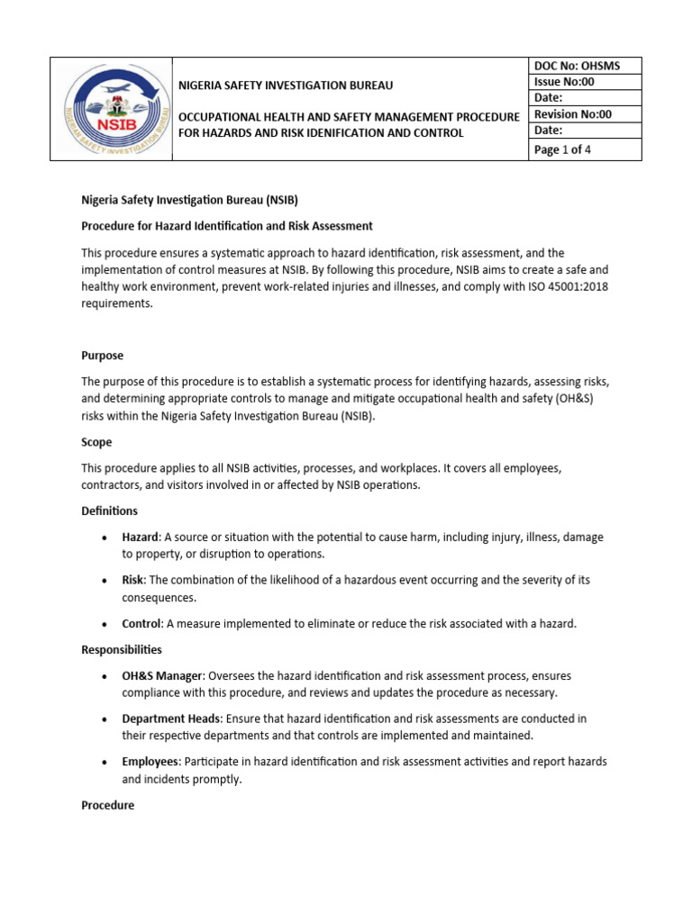 Nigeria Safety Investigation Bureau procedure for hazards and risks ...