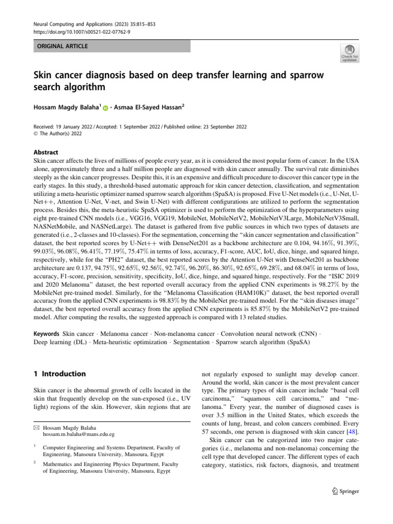 11 Skin Cancer Diagnosis Based On Deep Transfer Learning And Sparrow Search Algorithm Pdf