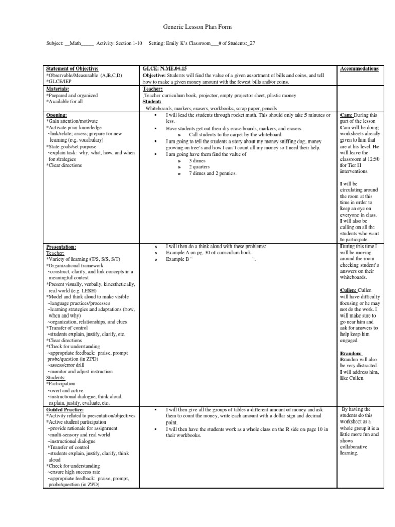 Generic Math Lesson Plan Template | PDF | Worksheet | Question
