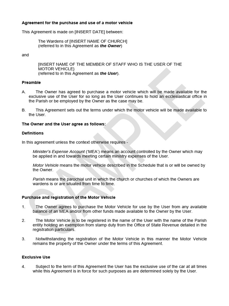 Agreement For The Purchase and Use of A Motor Vehicle | PDF | Insurance ...