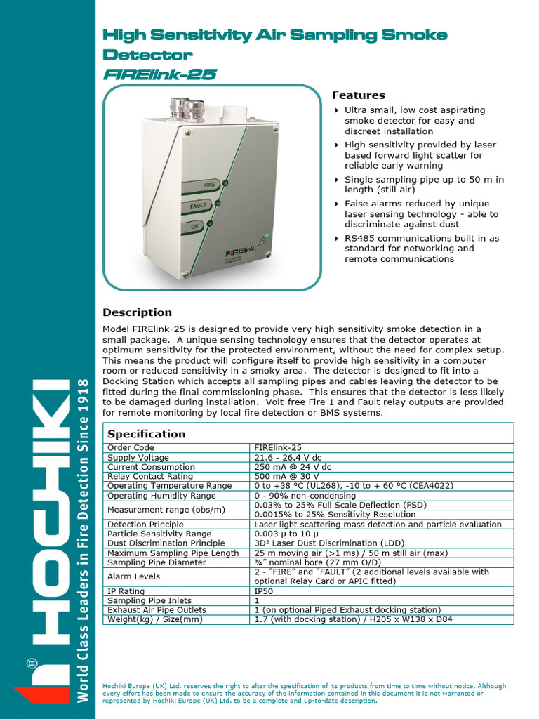 Fisa Tehnica Detector de Fum Cu Aspiratie Hochiki FIRELINK-25 2 Alarme 50 M IP50 | PDF | Pipe ...
