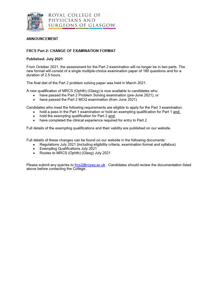 FRCS Part 2 Exam Format Change 2021 | PDF | Technology & Engineering