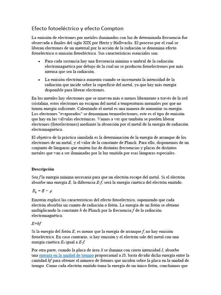 Efecto Fotoeléctrico y Efecto Compton | PDF | Efecto fotoeléctrico | Electrón