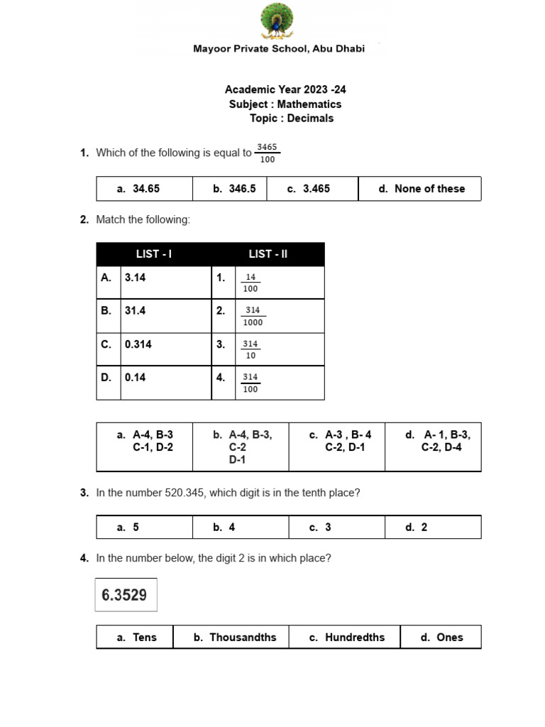 Decimal Practice Worksheet Pdf