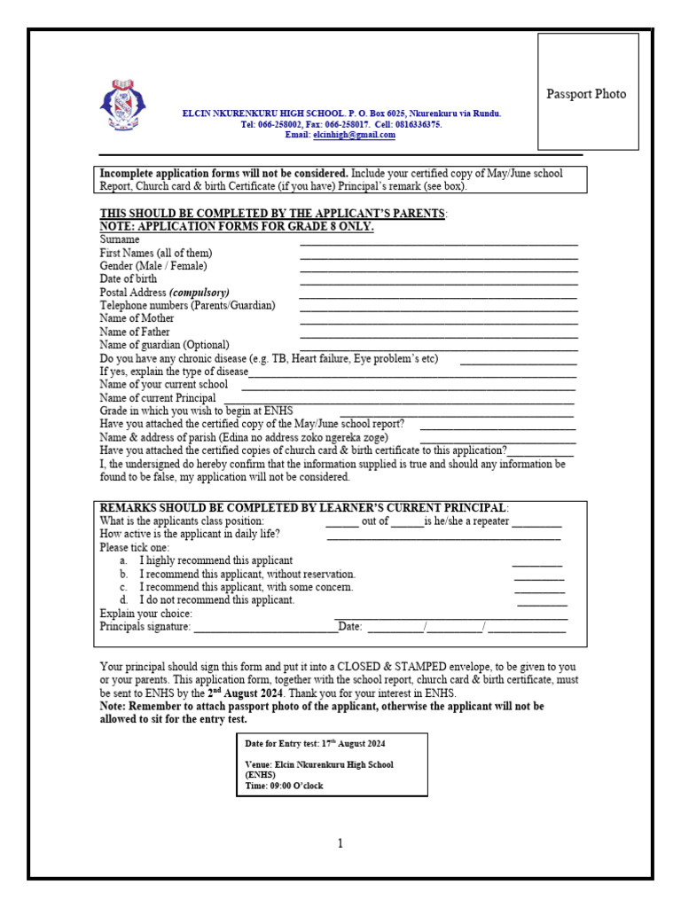 ELCIN Nkurenkuru High School Application Form 2025 | PDF