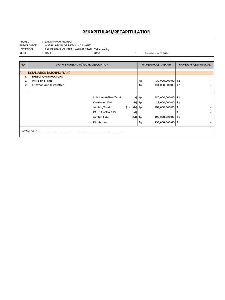 BOQ Establishment Plant Balikpapan BP Drymix REV.2 | PDF | Materials | Building Technology