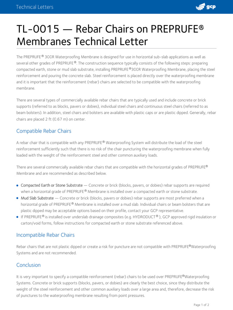 GCPAT Rebar Chairs Preprufe Membranes Technical Letter Us 59831 | PDF ...